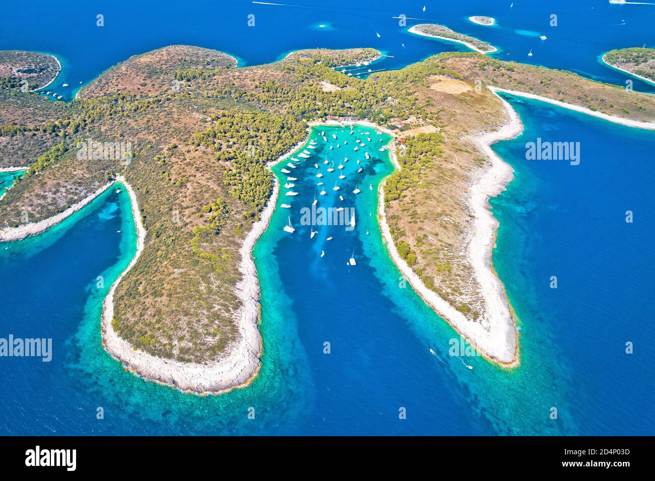 Aerial panoramic view of Palmizana, sailing cove and turquoise beach on ...