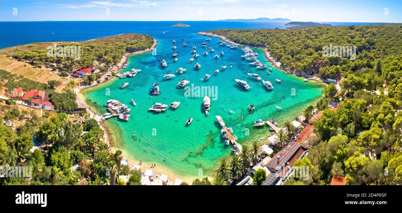 Aerial panoramic view of Palmizana, summer leisure sailing cove and ...