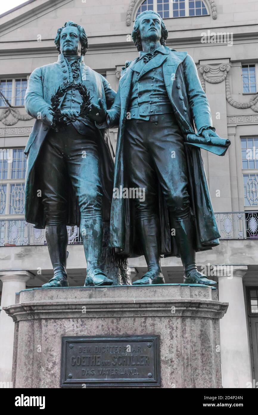 Statue of famous german writers Goethe and Schiller in Weimar, Germany ...