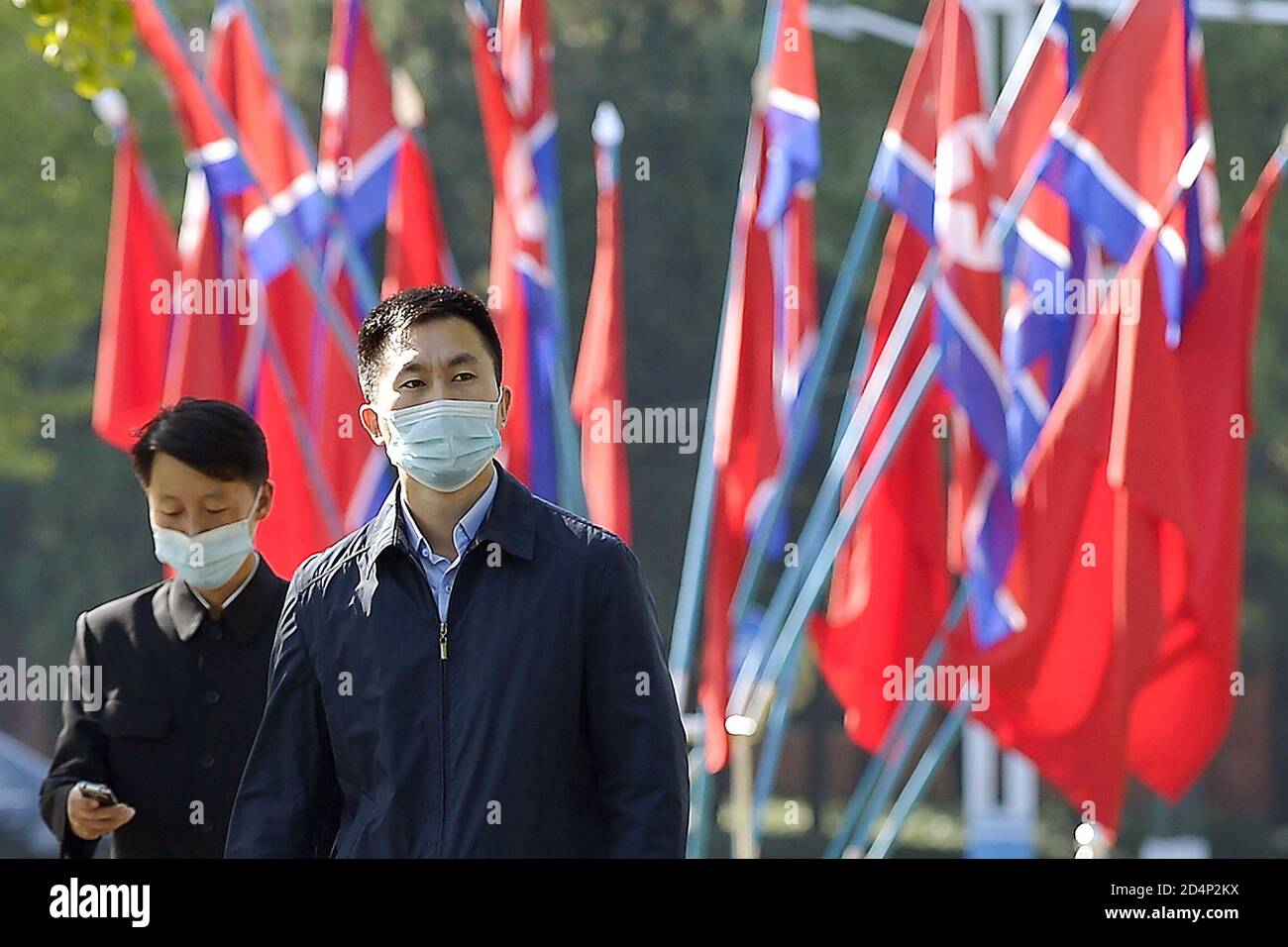 North Korean flags are hoisted in Pyongyang on Oct. 10, 2020, the 75th ...