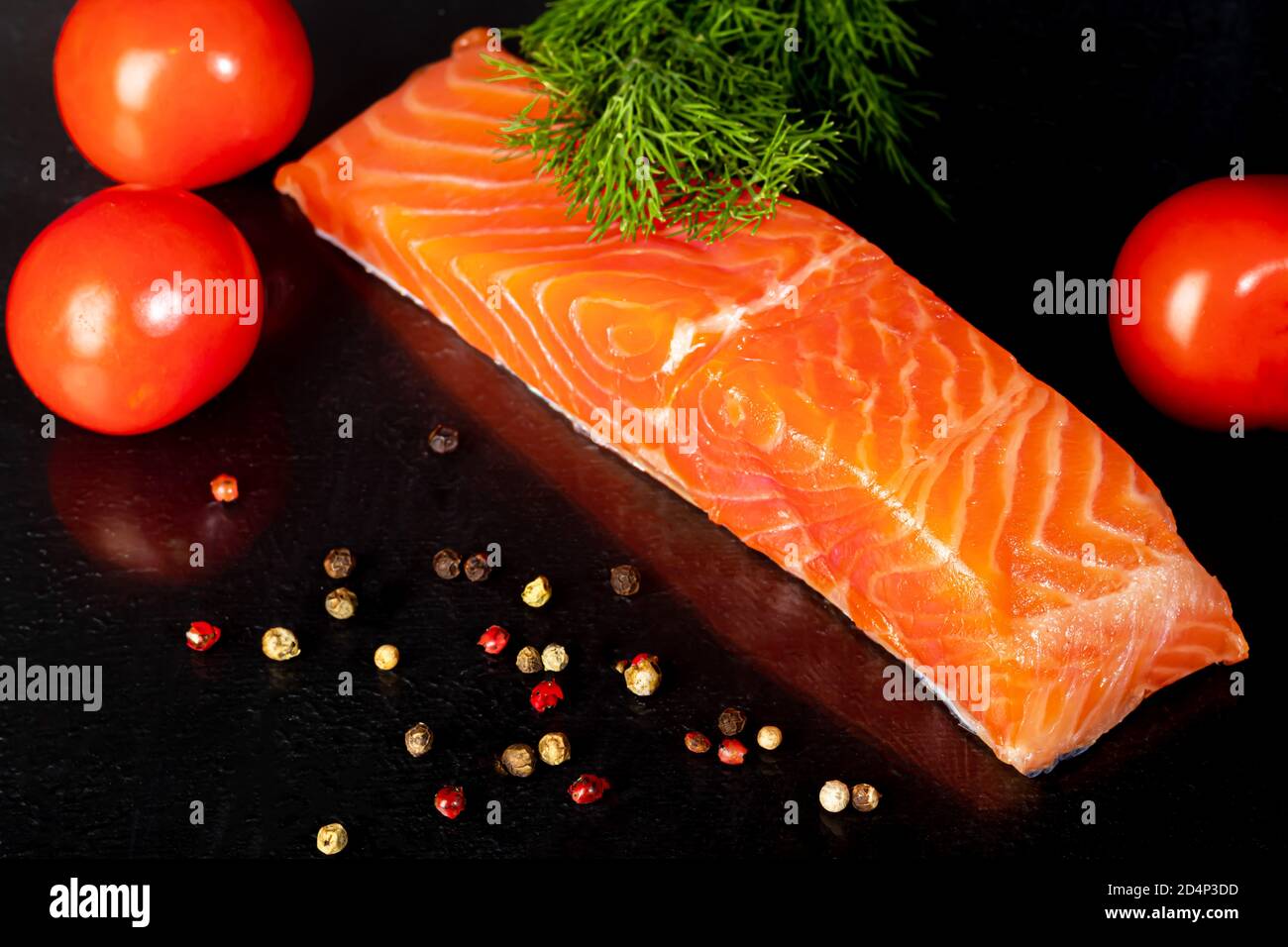 Lightly salted trout. Fresh fish fillet with culinary ingredients ...