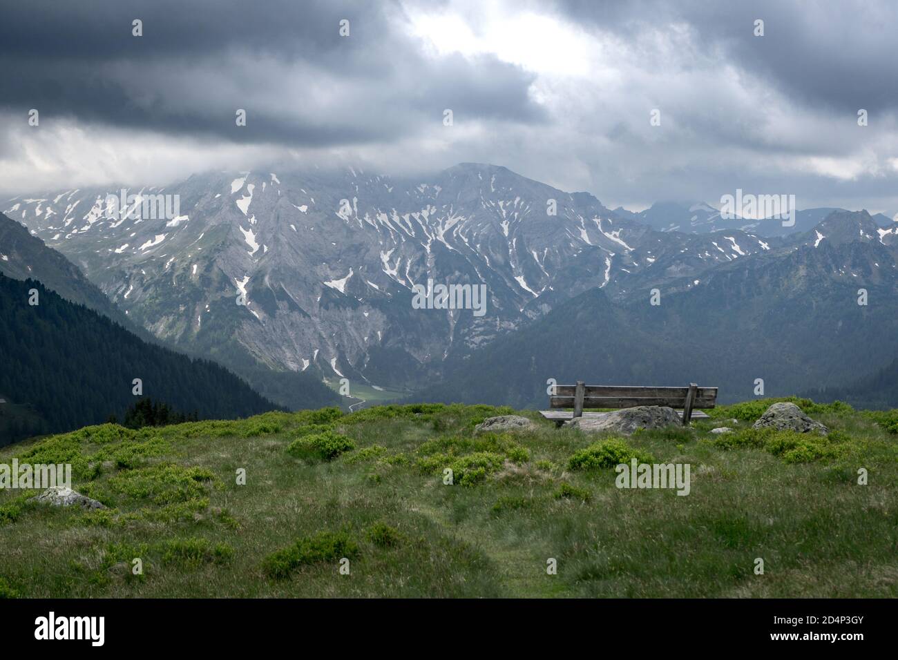 bench to rest on a high mountain with beautiful view over the austrian ...