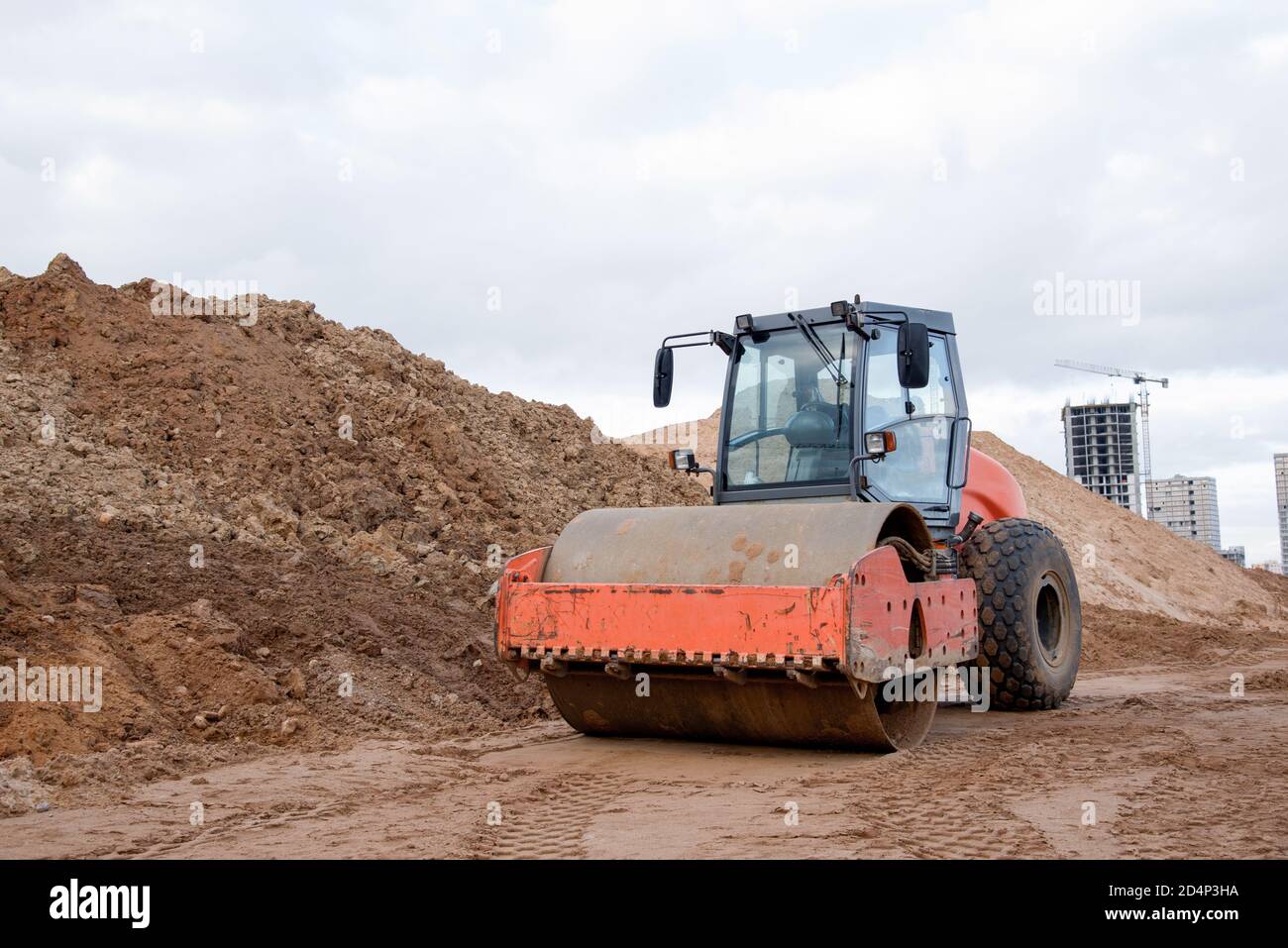 Soil Compactor at construction site. Vibration single-cylinder road ...
