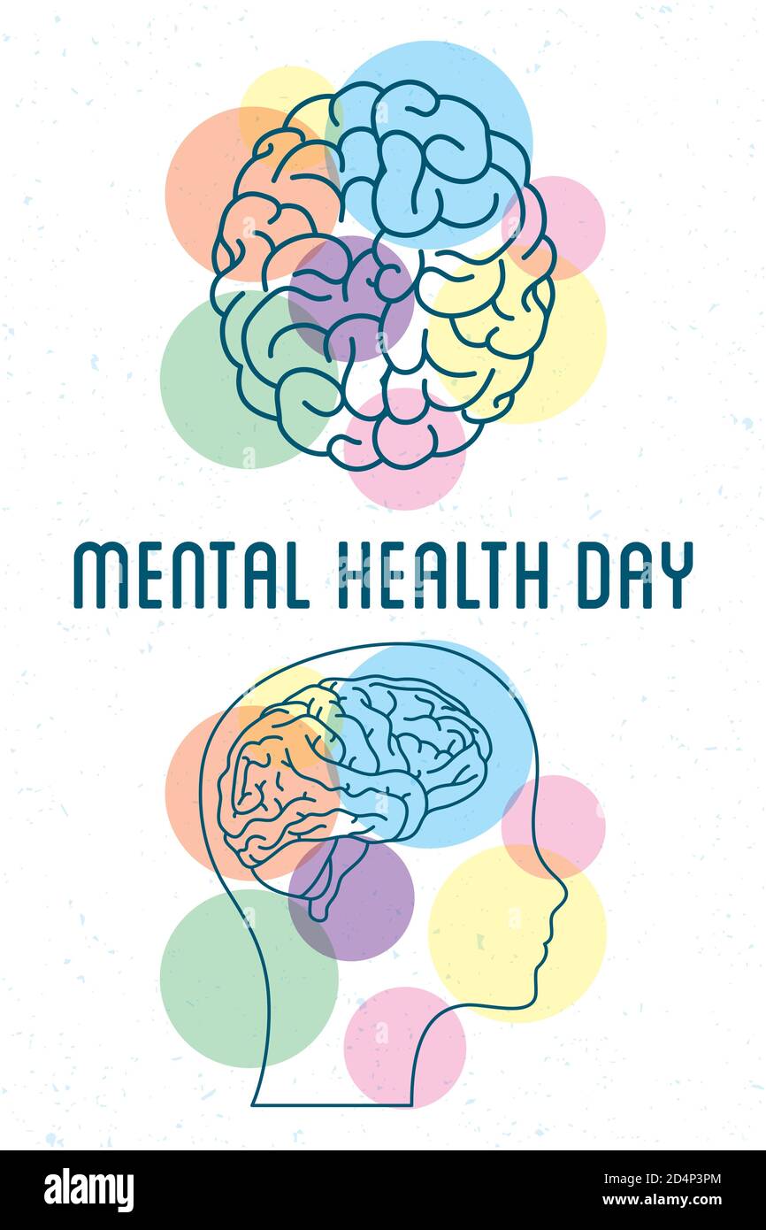 Mental Health Day lettering with brains and profile vector illustration ...