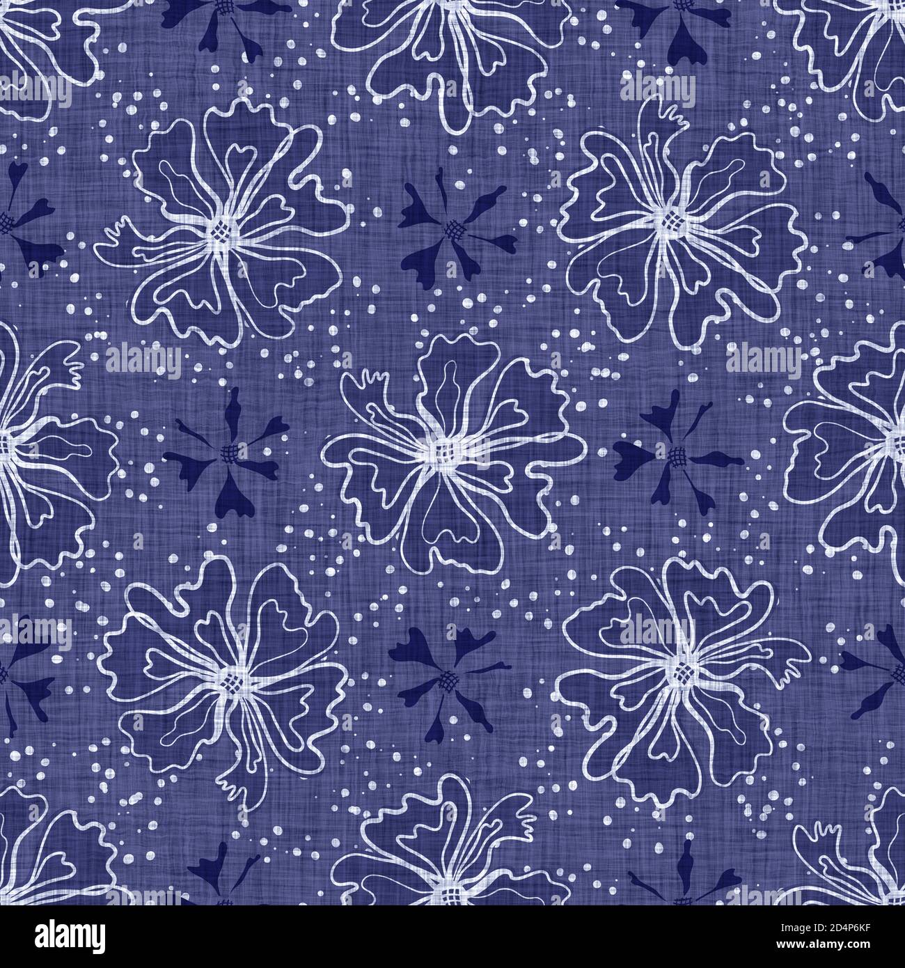 Indigo blue flower block print dyed linen texture background. Seamless ...