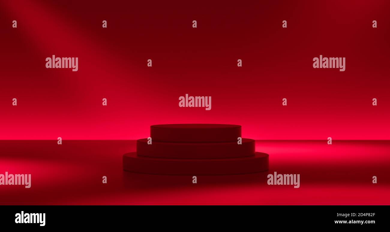 Minimal red podium for product display. Color round pedestal placed on ...