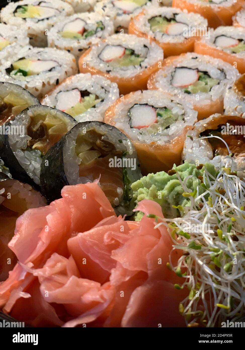 Japanese sushi food. Assorted Maki, rolls, nigiri, California maki ...