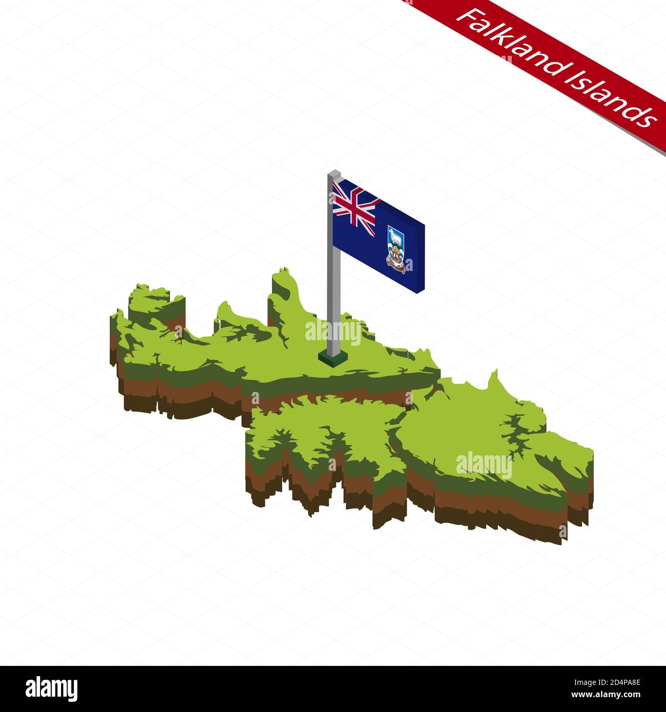 Isometric map and flag of Falkland Islands. 3D isometric shape of ...
