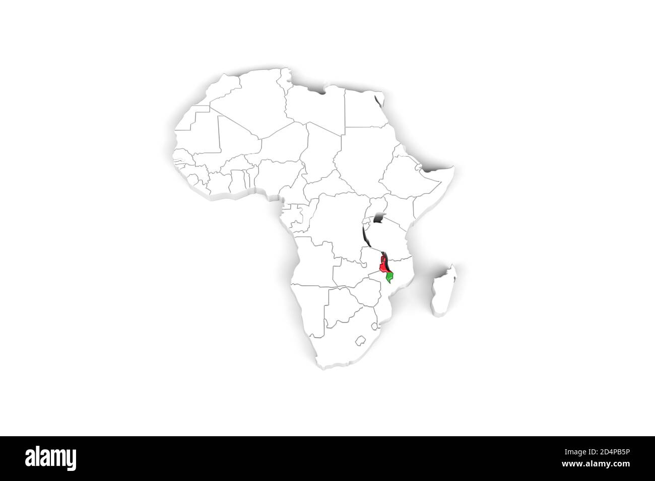 Africa 3d map with borders marked - Malawi area marked with Malawi flag ...