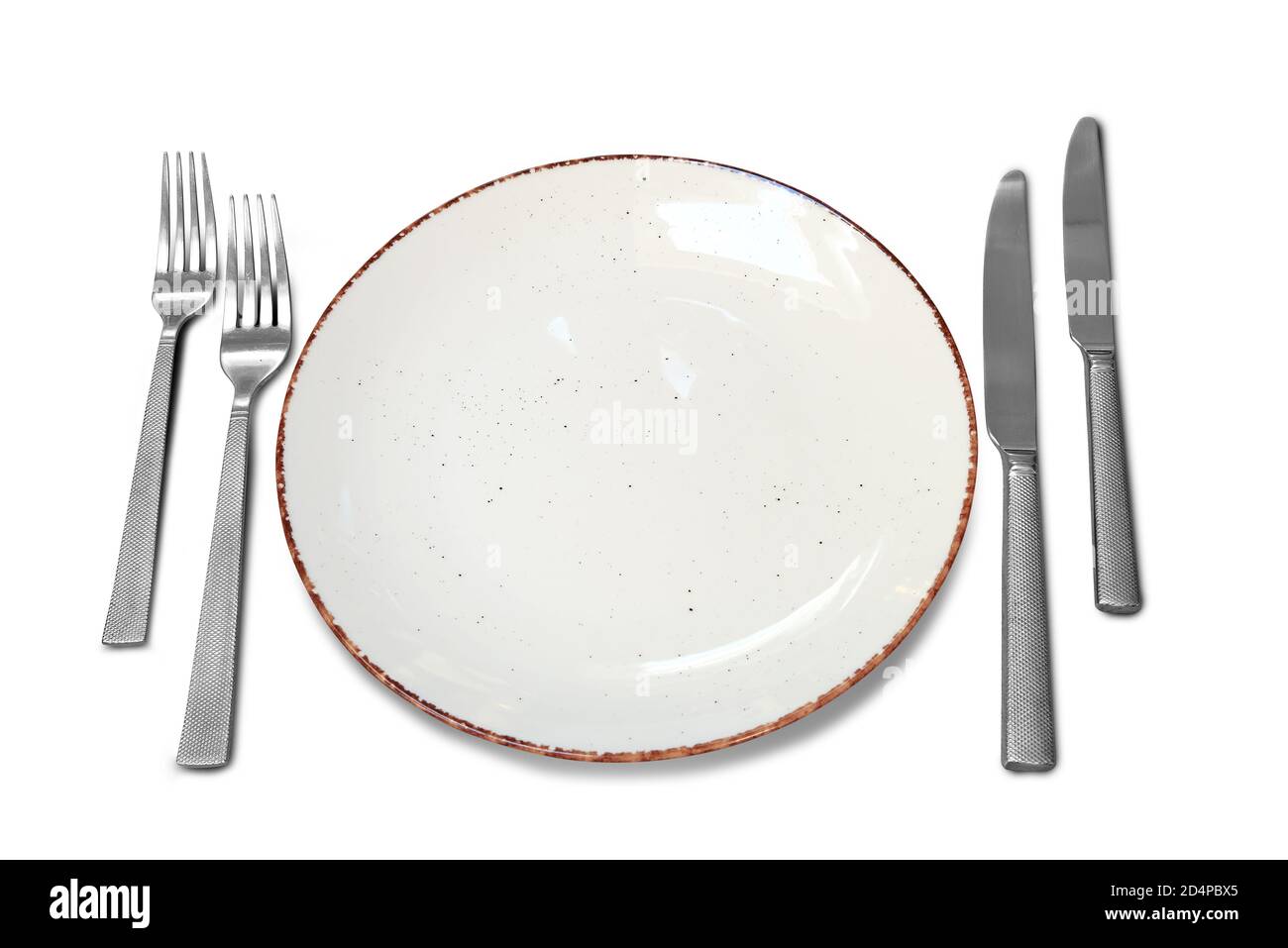 Set of luxurious Silverware and nice empty round plate isolated on ...