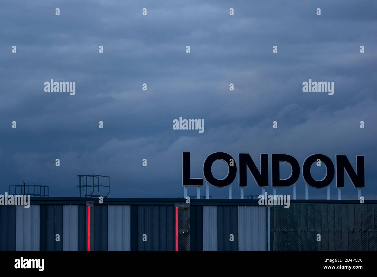 The word ‘London’ isolated from the roof of London Designer Outlet in ...