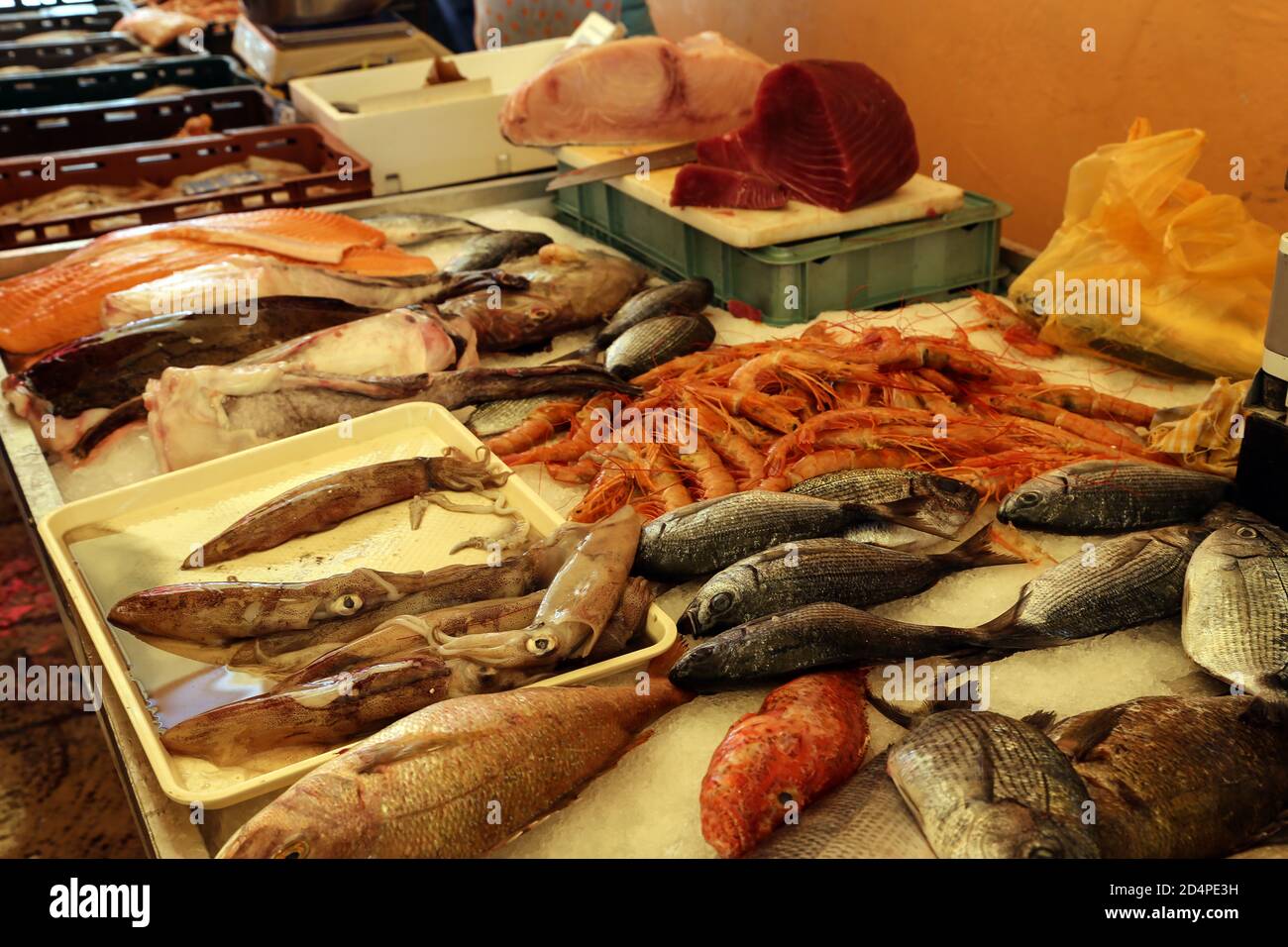 Closeup shot of types of sea fish at a fish market in Croatia Stock ...