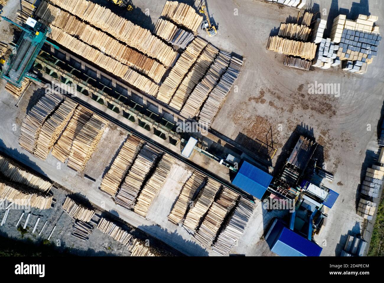 Sawmill aerial view chopped tree wood logs stacks in a row with ...