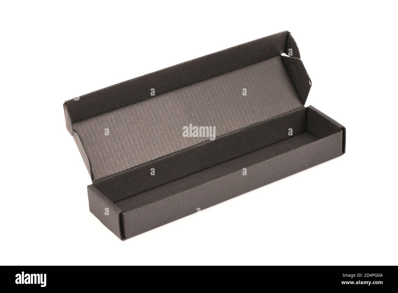 Open black box product packaging in side view. Ioslated on white ...