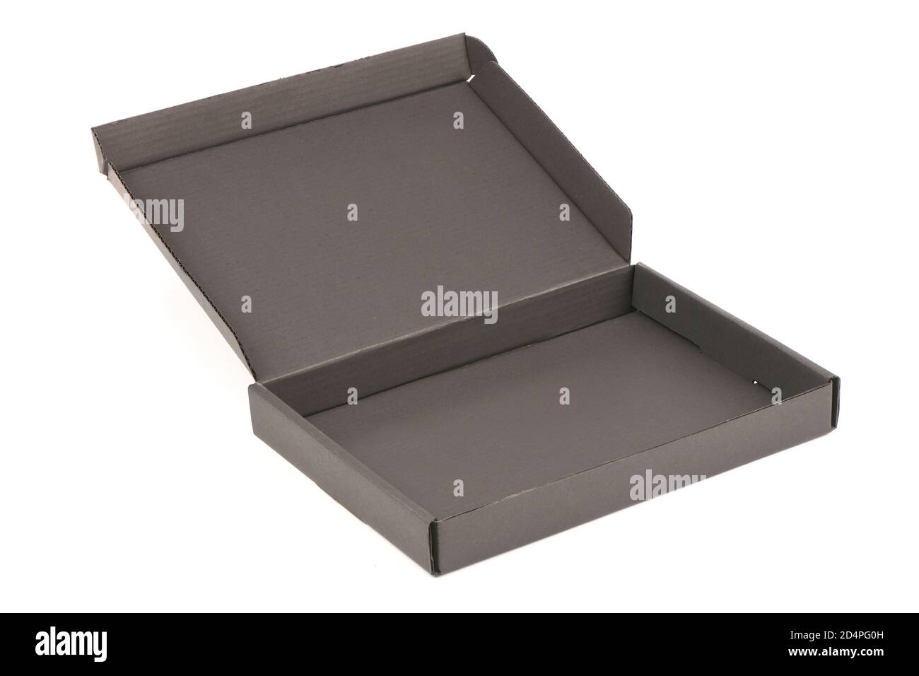 Open black box product packaging in side view. Ioslated on white ...