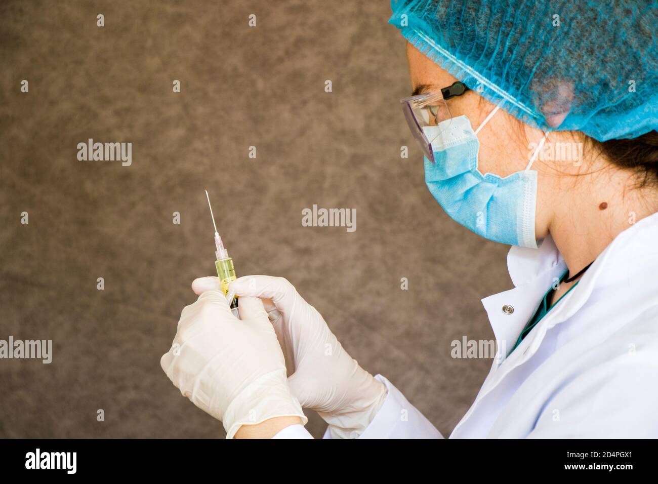 Doctors and needle, vaccination, antibiotic and immunization. Woman in ...