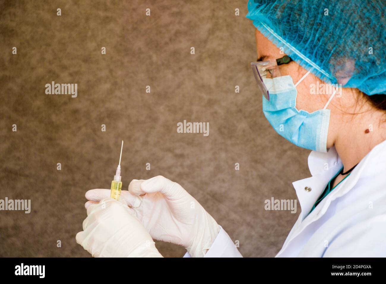 Doctors and needle, vaccination, antibiotic and immunization. Woman in ...
