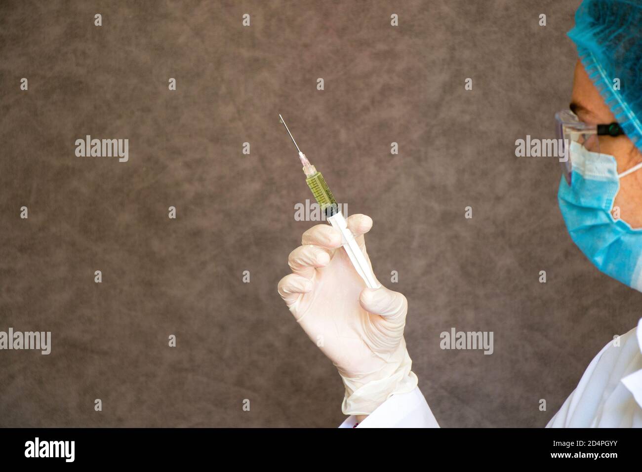 Doctors and needle, vaccination, antibiotic and immunization. Woman in ...