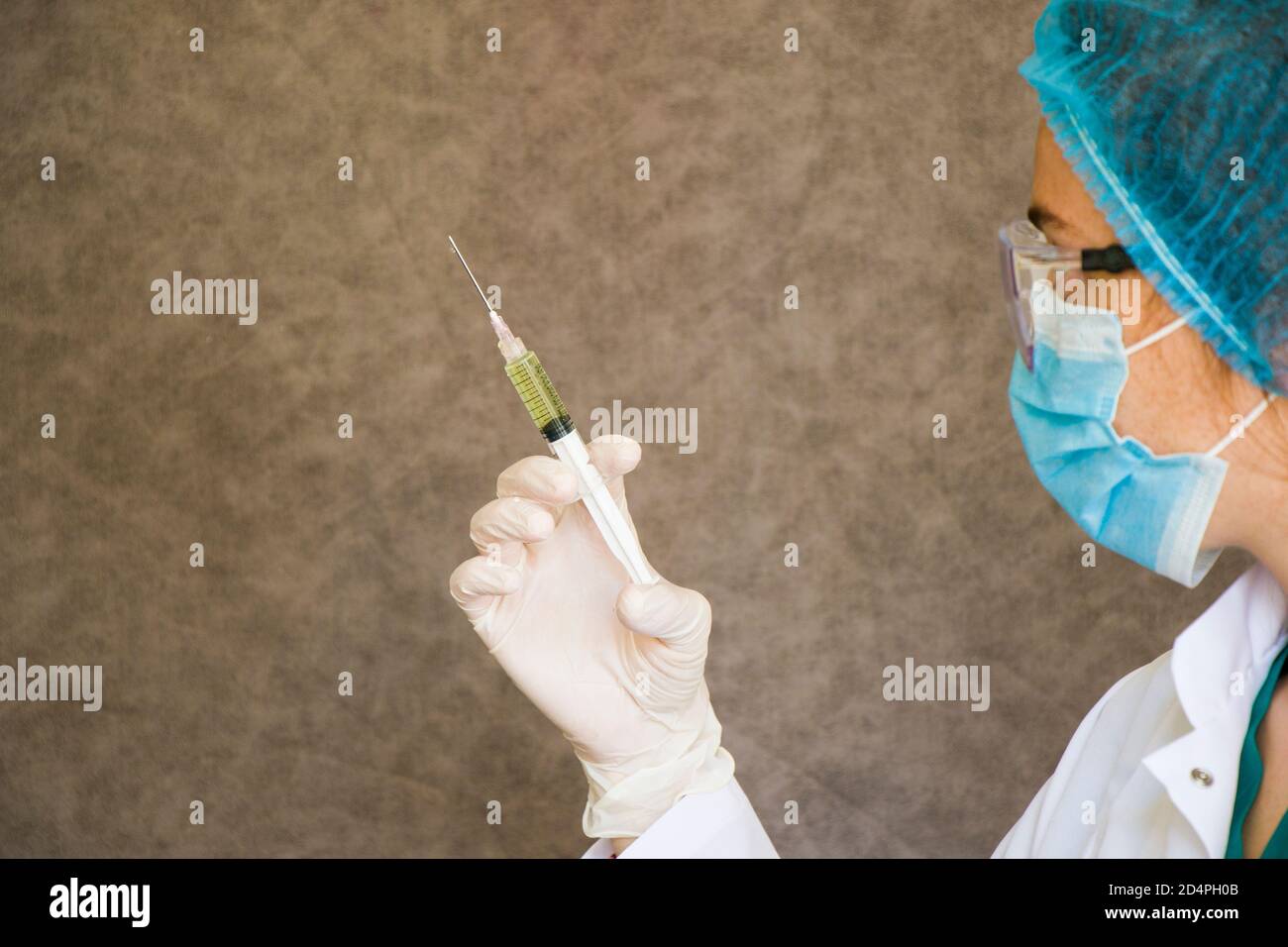 Doctors and needle, vaccination, antibiotic and immunization. Woman in ...