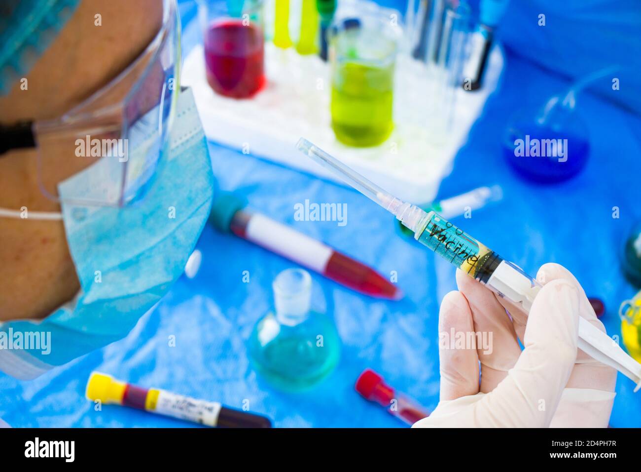 Doctors and needle, vaccination, antibiotic and immunization. Woman in ...