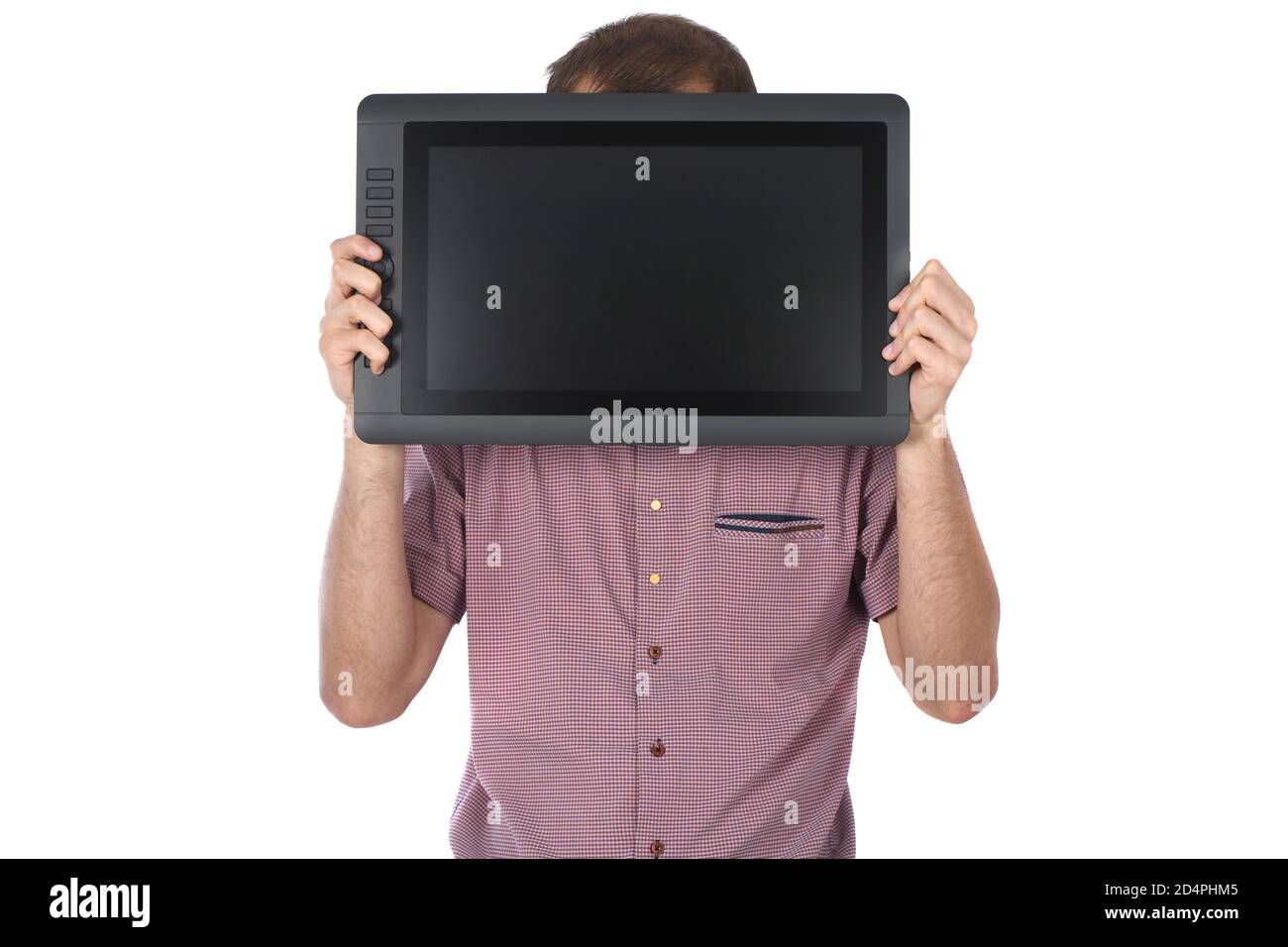 Man holds graphic monitor on white background. Black tablet computer ...