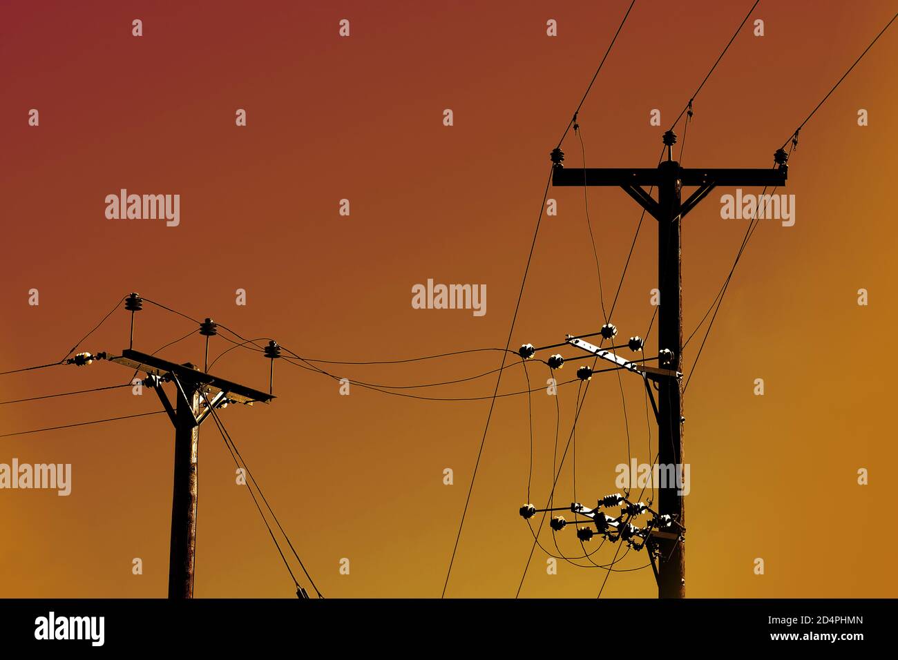 Telephone power lines cable and posts in warm afternoon sky Stock Photo ...