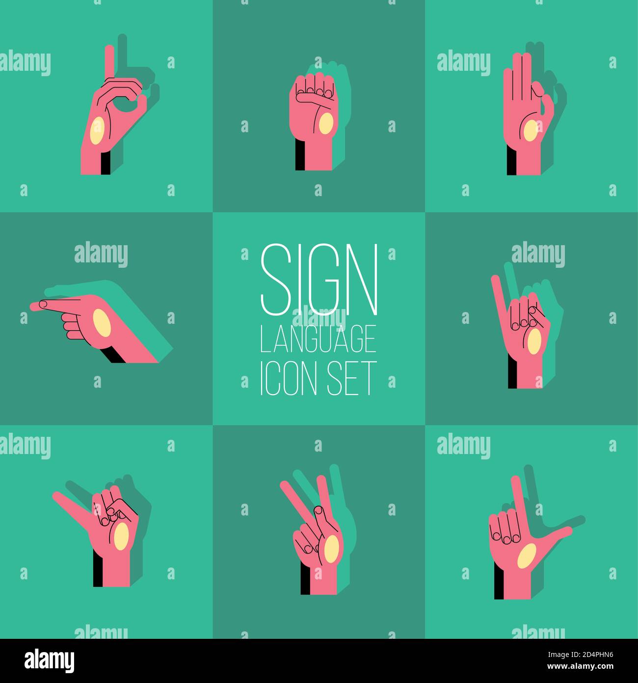 hand sign language alphabet line and fill style set icons design of ...
