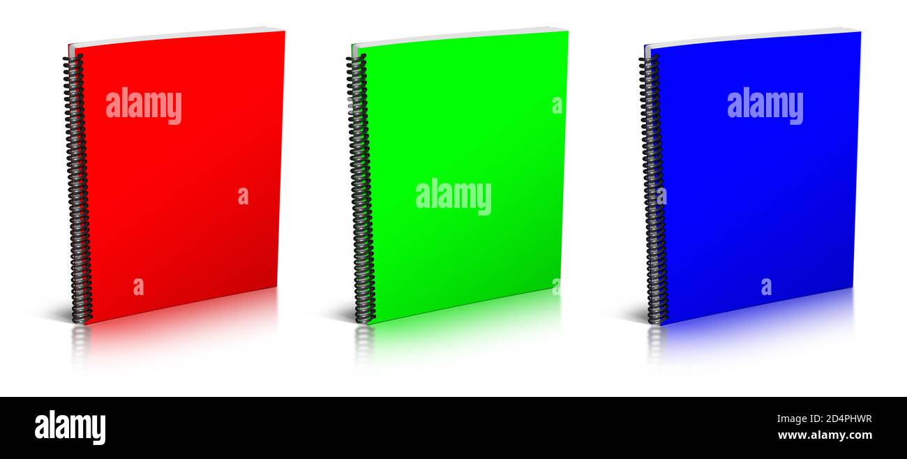 Empty spiral notebook RGB. Illustration 3D rendering. Isolated on white ...