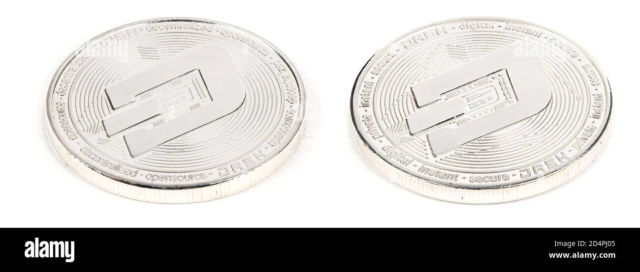 Face and back side of the crypto currency silver dash isolated on white ...