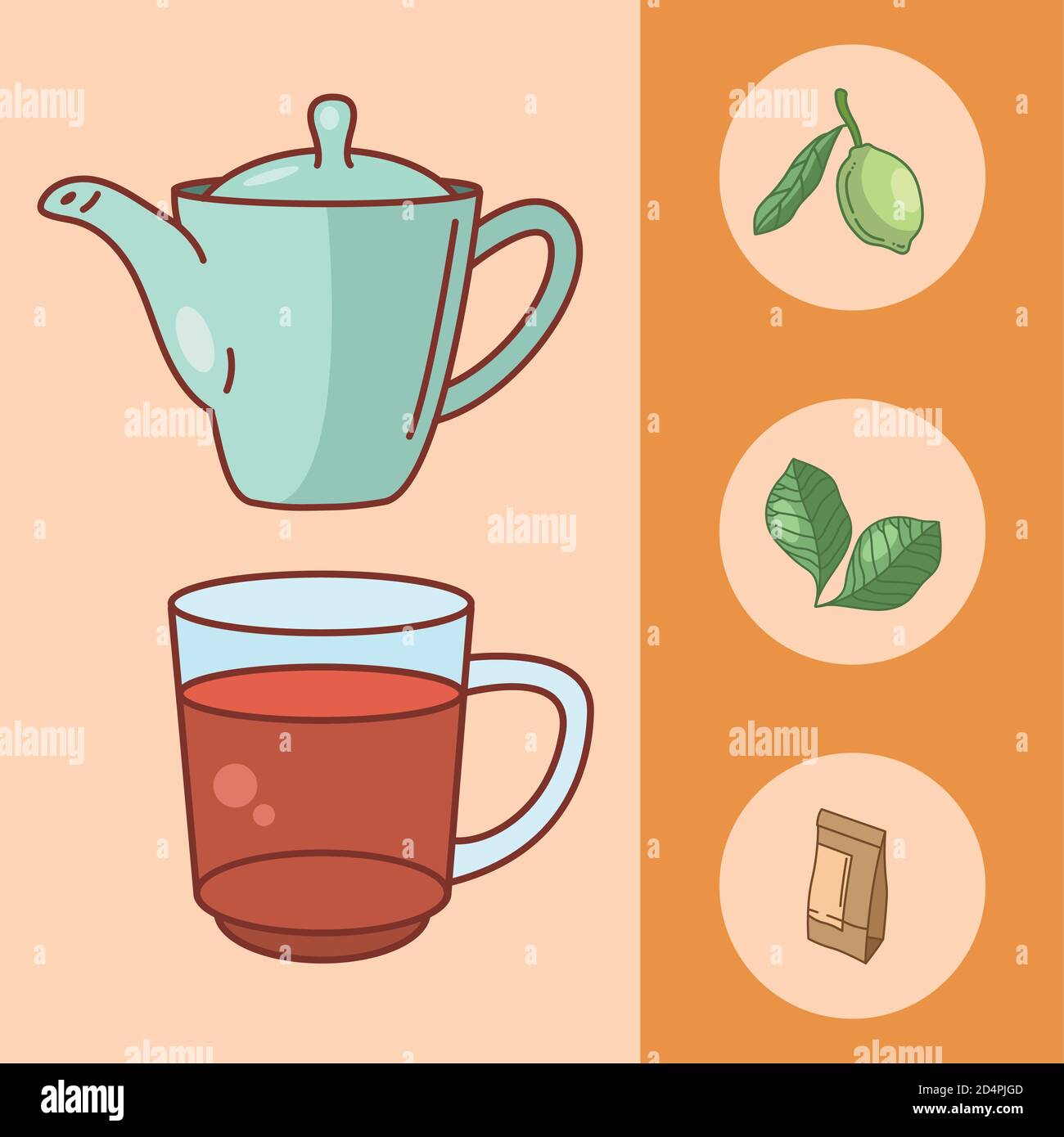 Tea line and fill style set of icons design, Time drink breakfast and ...