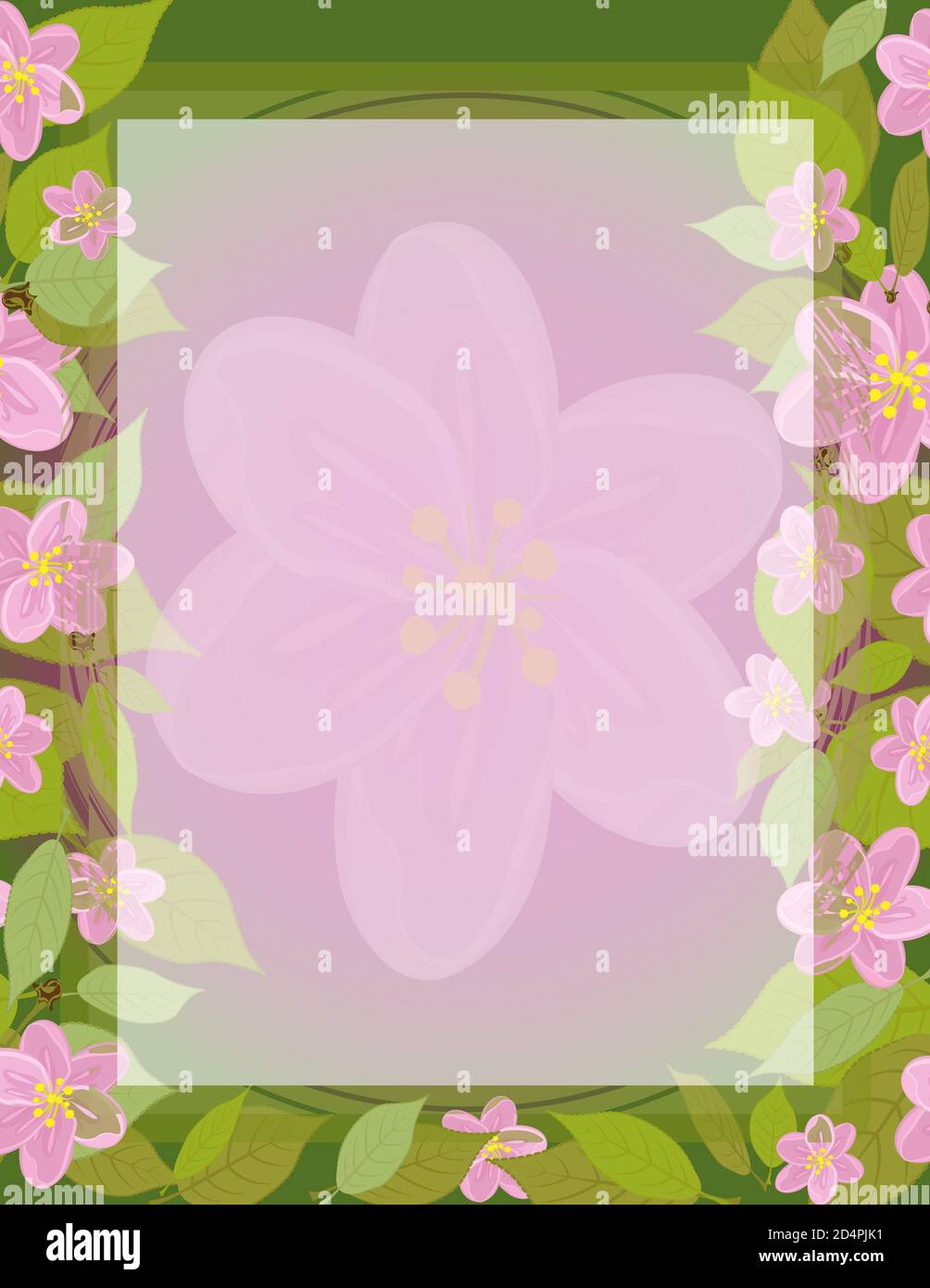 The floral frame is vertical. Flowers on a branch of cherry blossoms ...