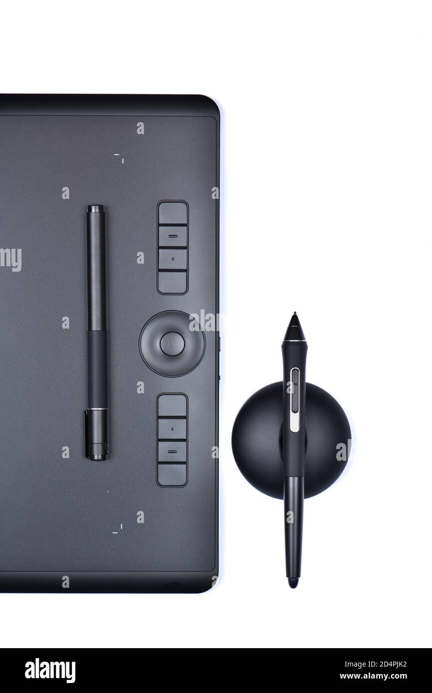 Top view professional graphics tablet with digitized pen. Isolated on ...