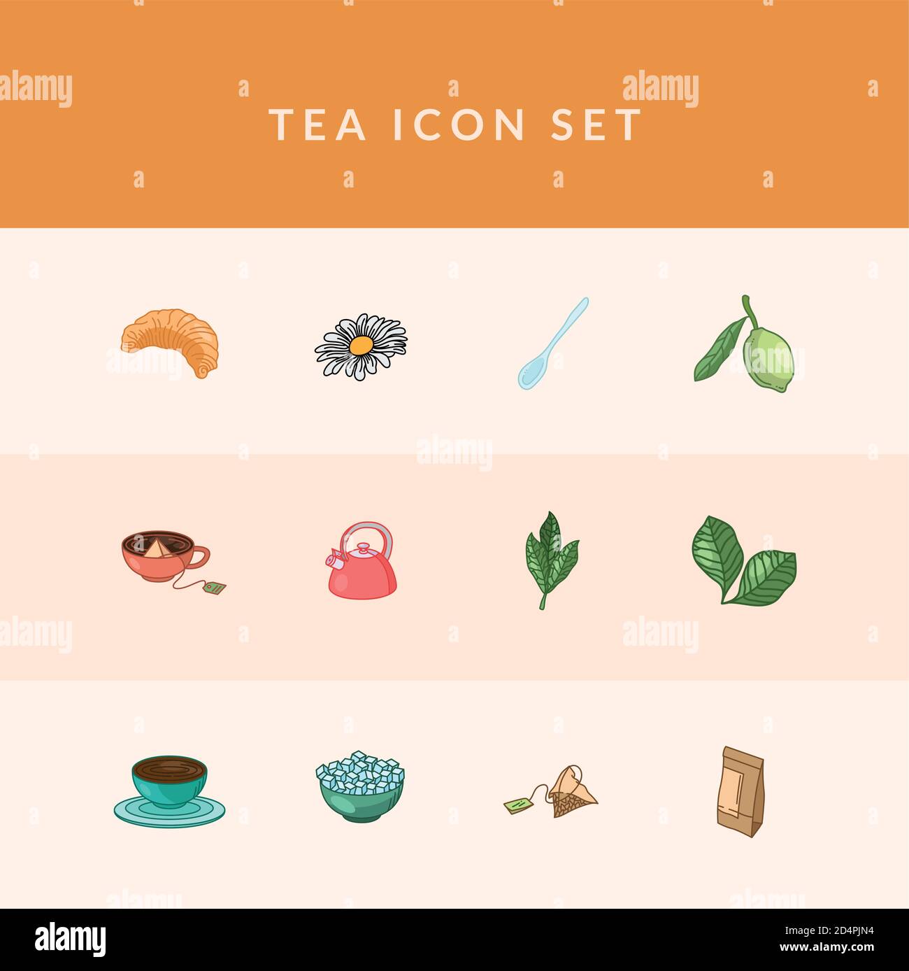 Tea line and fill style 12 icon set design, Time drink breakfast and ...