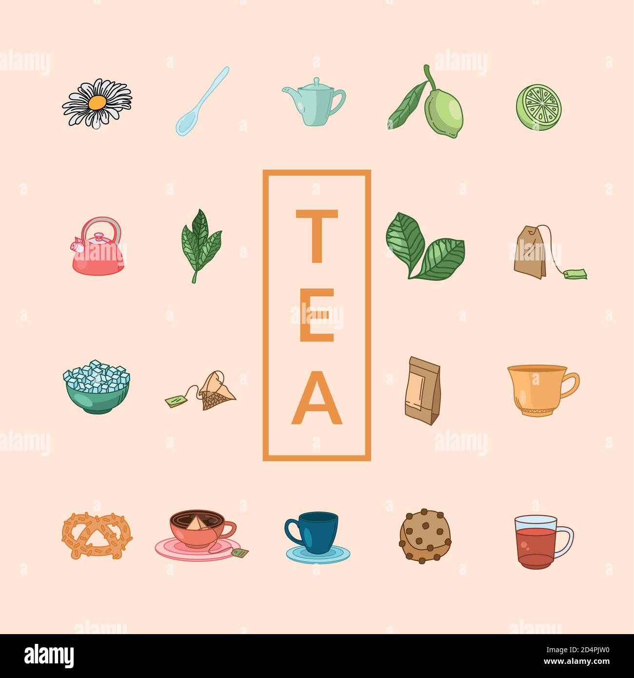 Tea line and fill style icon collection design, Time drink breakfast ...