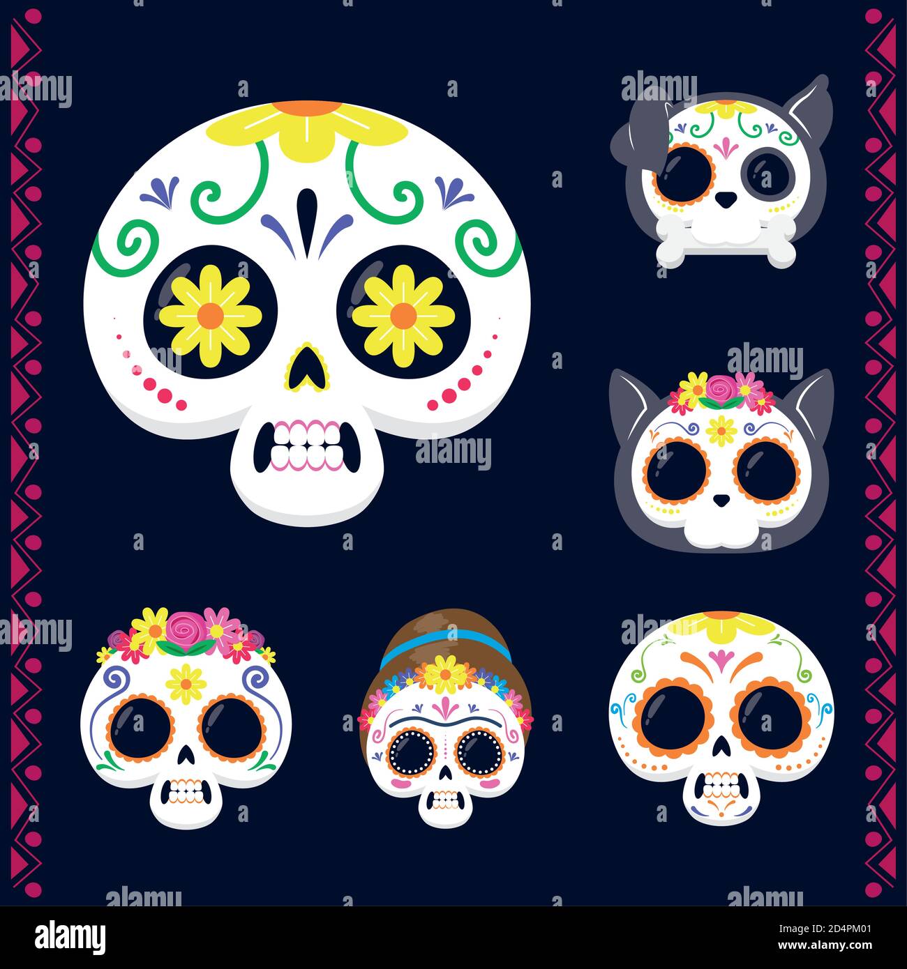 mexican heads skulls set flat style icons vector illustration design ...