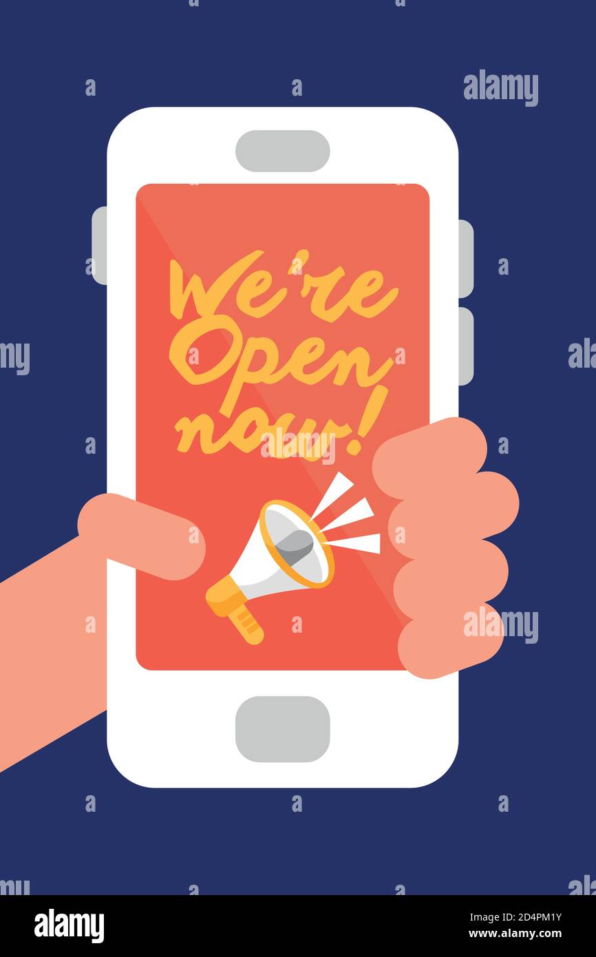 hand user with we are open now re opening lettering in smartphone ...