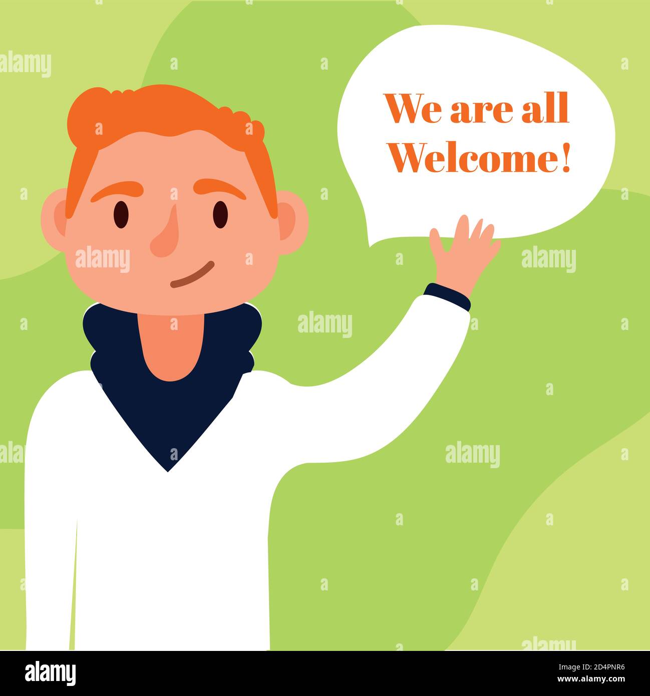 we are welcome lettering with man speaking character vector ...