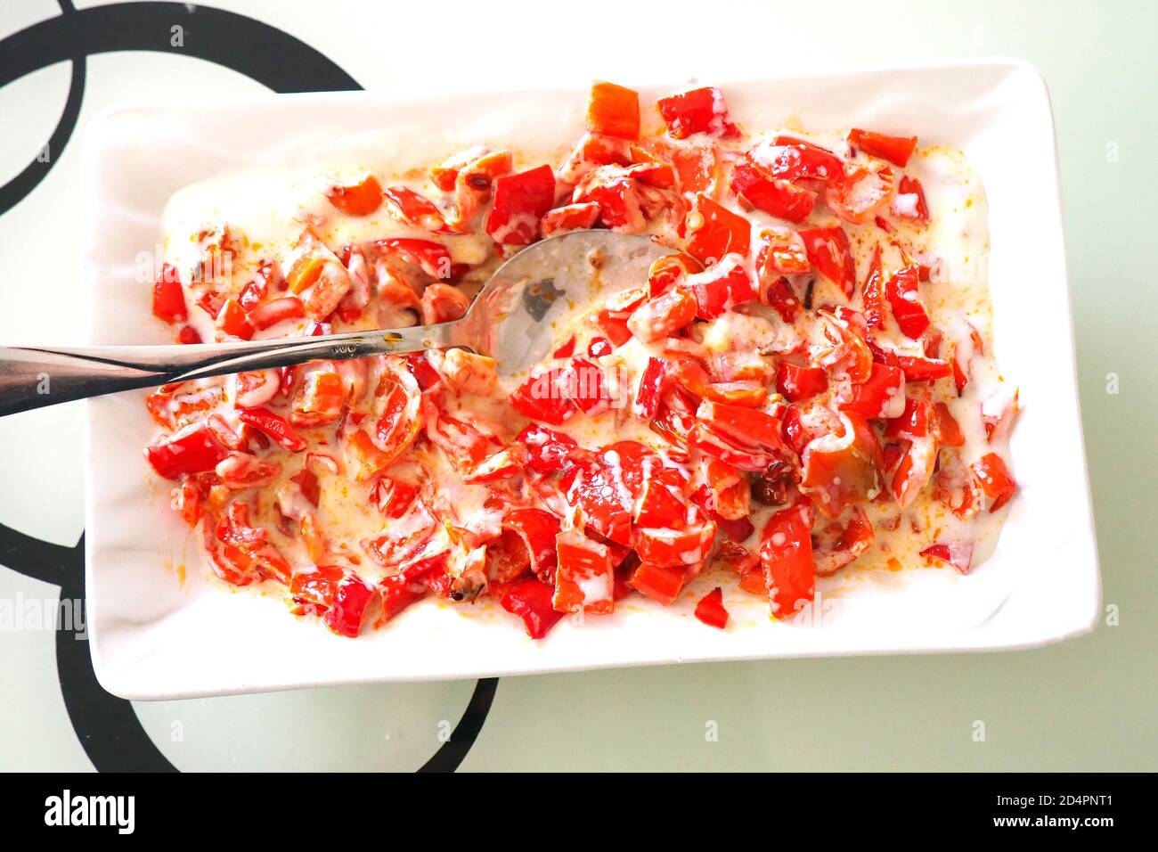 fried red pepper with yoghurt, red pepper appetizer with yoghurt Stock ...