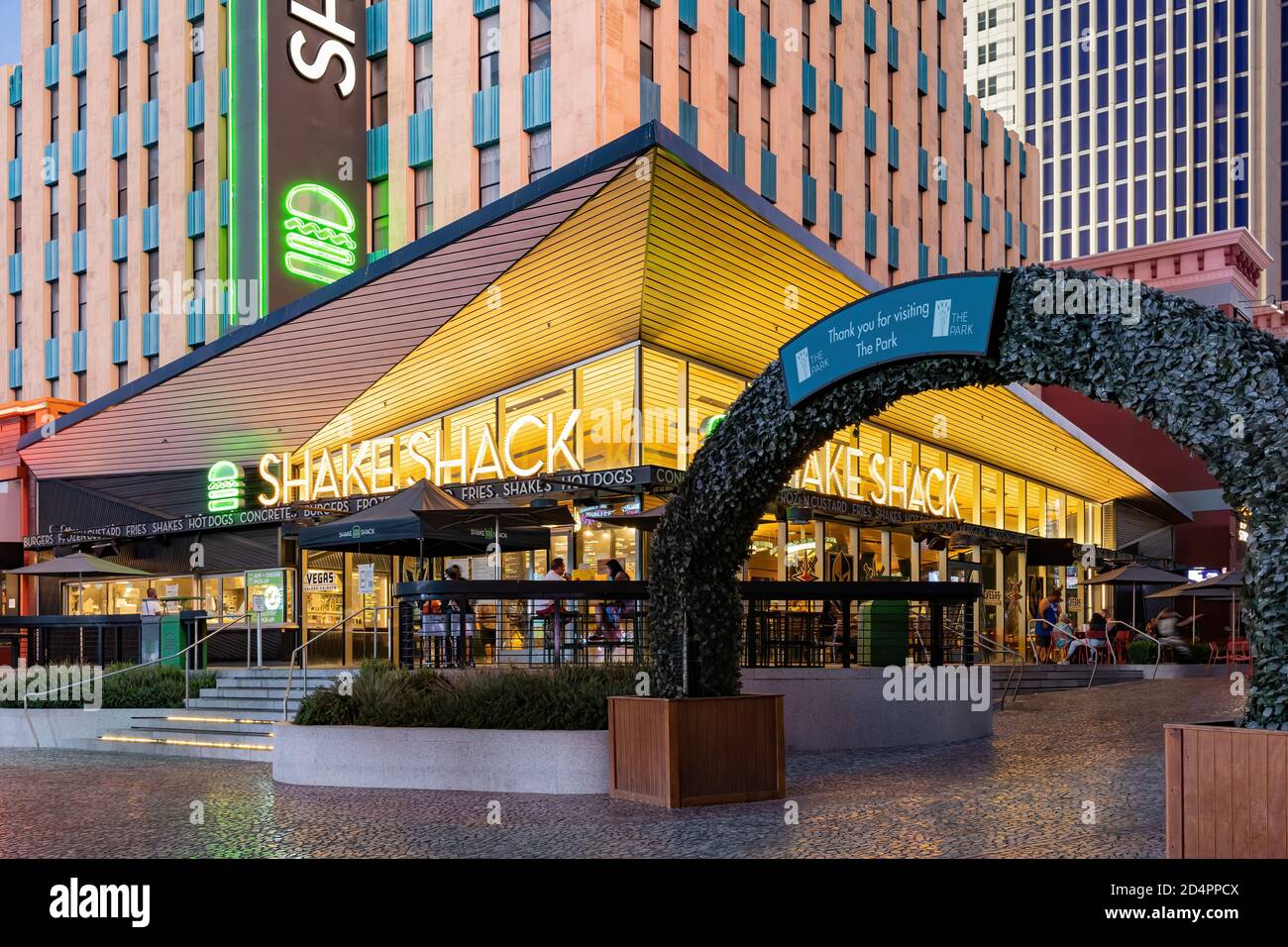 Las Vegas, SEP 25, 2020 - Night exterior view of the Shake Shack fast ...