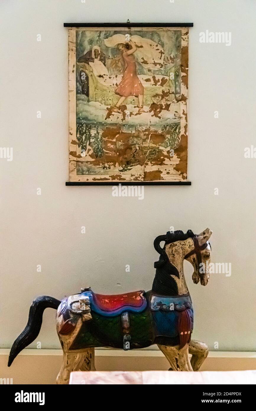 Poster with Mrs Holle and a wooden toy horse in Röbel-Müritz, Germany ...