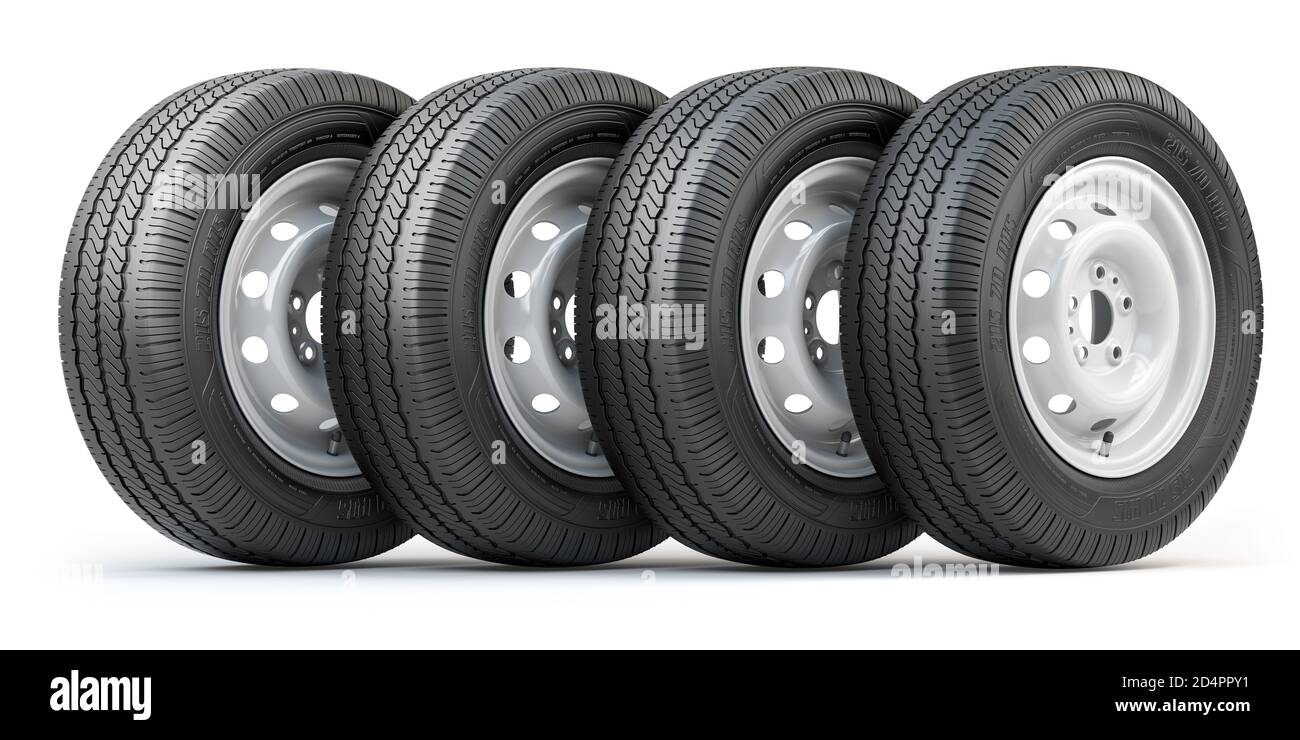 Set of car wheels with tyres for vans and trucks isolated on white ...