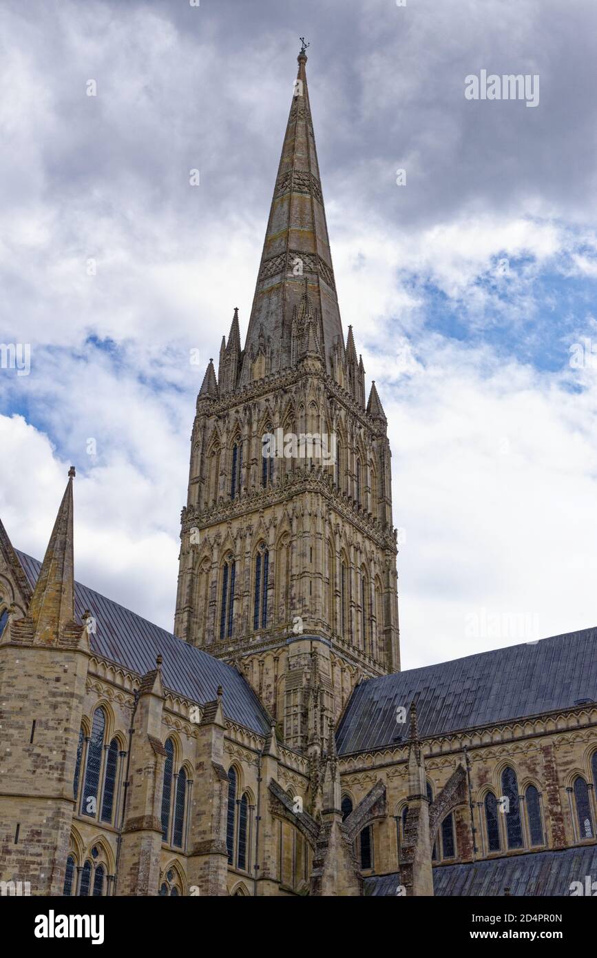 Medieval spire of Salisbury cathedral in the close Salisbury, Wiltshire ...