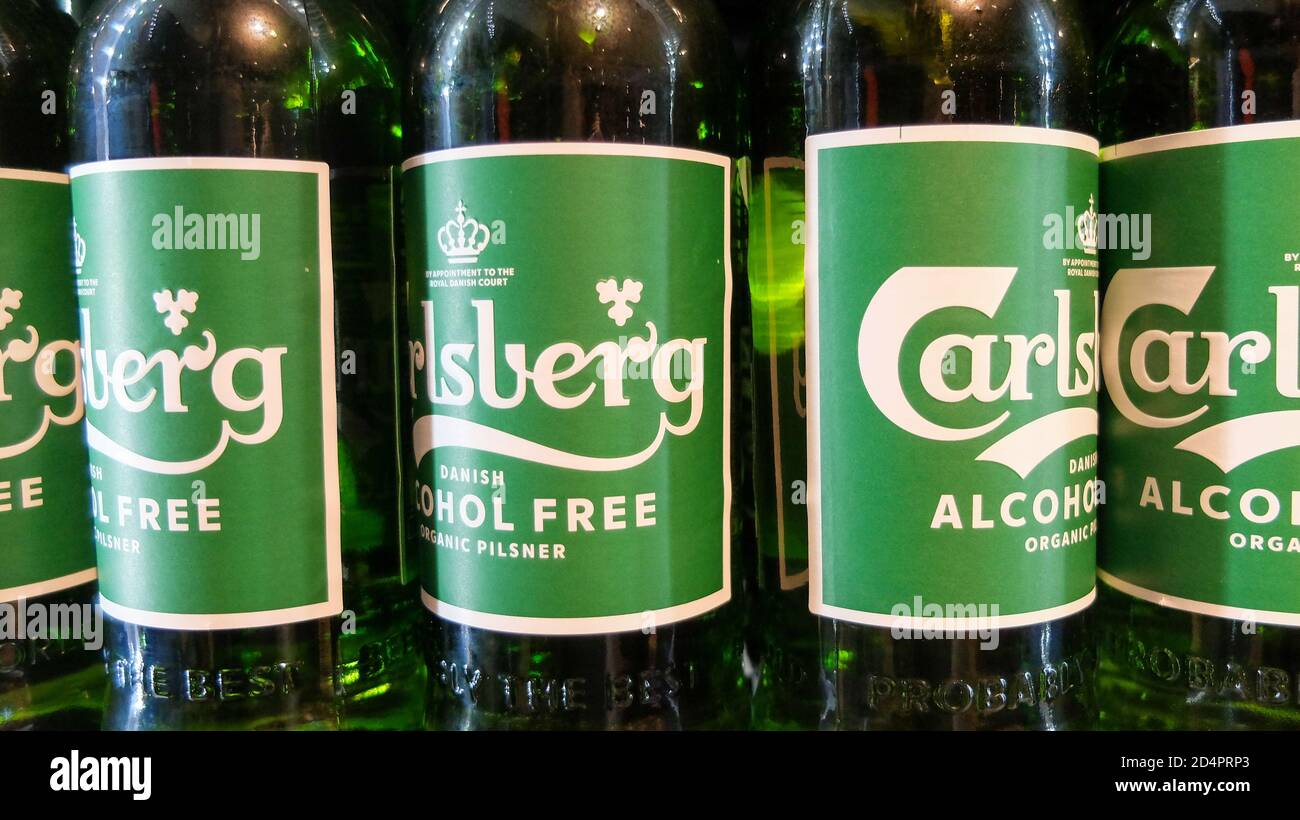 Carlsberg beers at the supermarket. Carlsberg is a Danish brewing ...