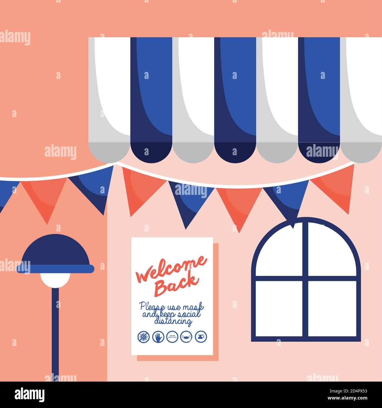 welcome back re opening poster in store facade and parasol vector ...