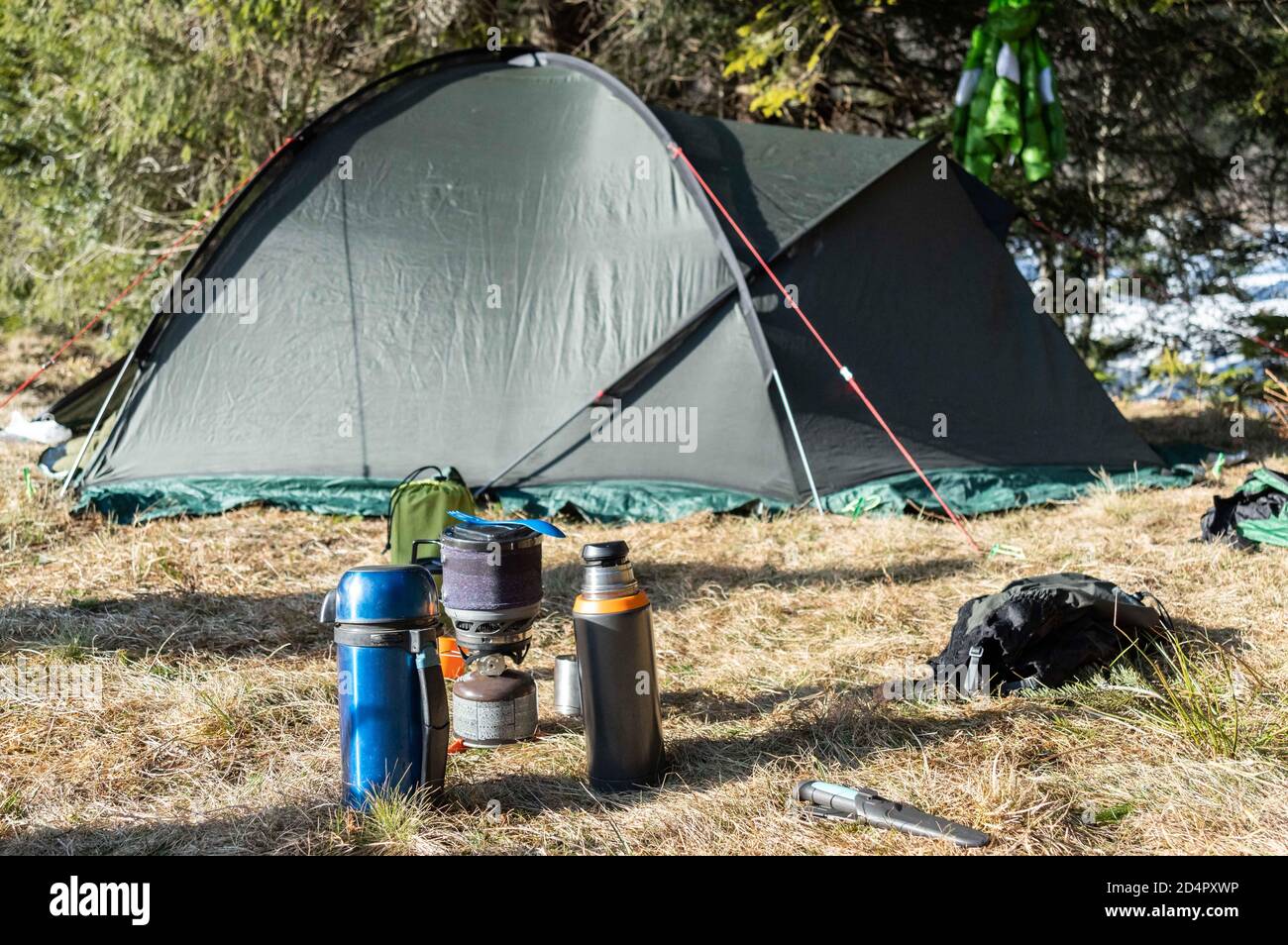 Morning at the campsite. Preparing breakfast in basecamp Stock Photo ...