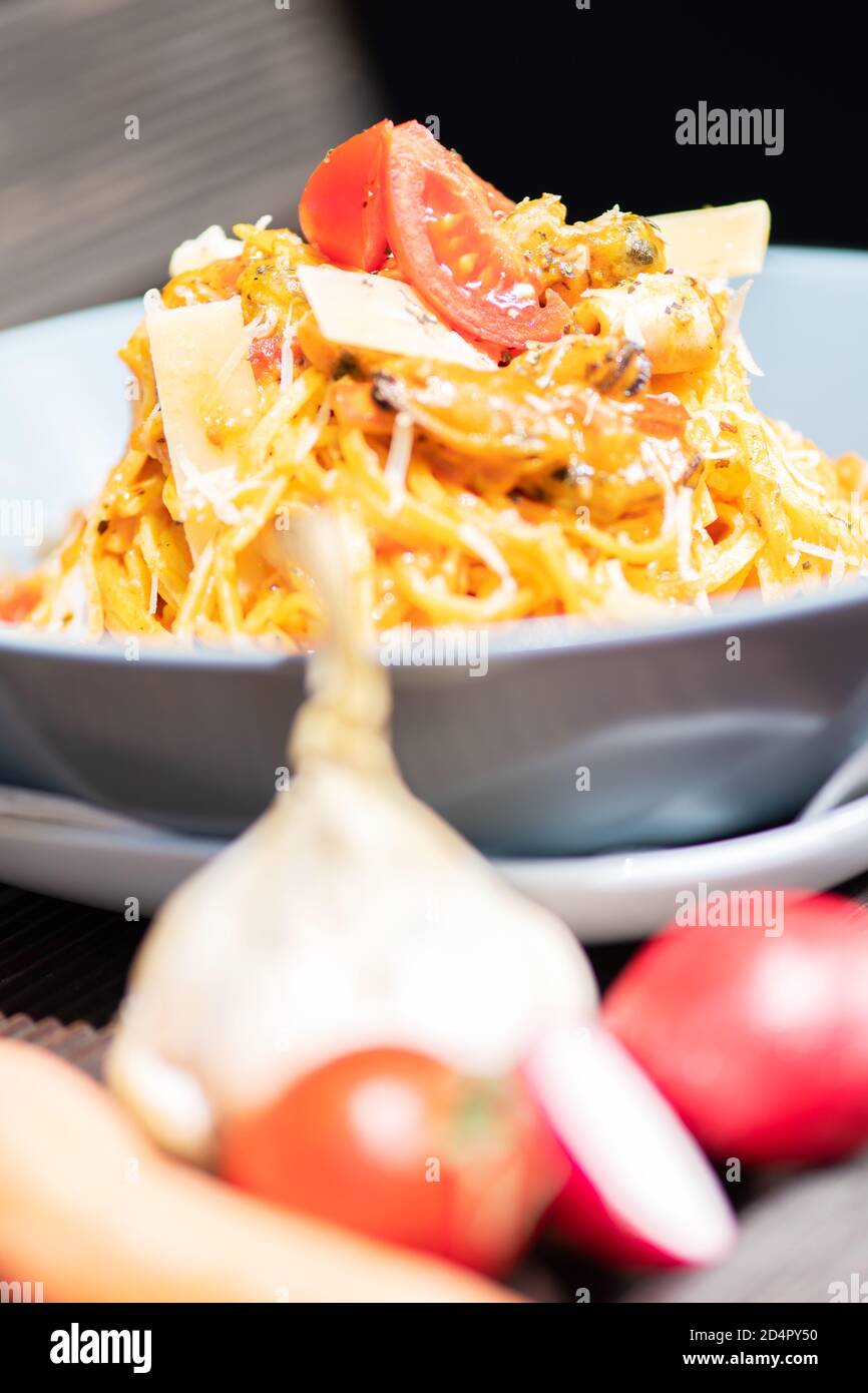 Tasty appetizing classic italian spaghetti pasta with sauce, cheese ...
