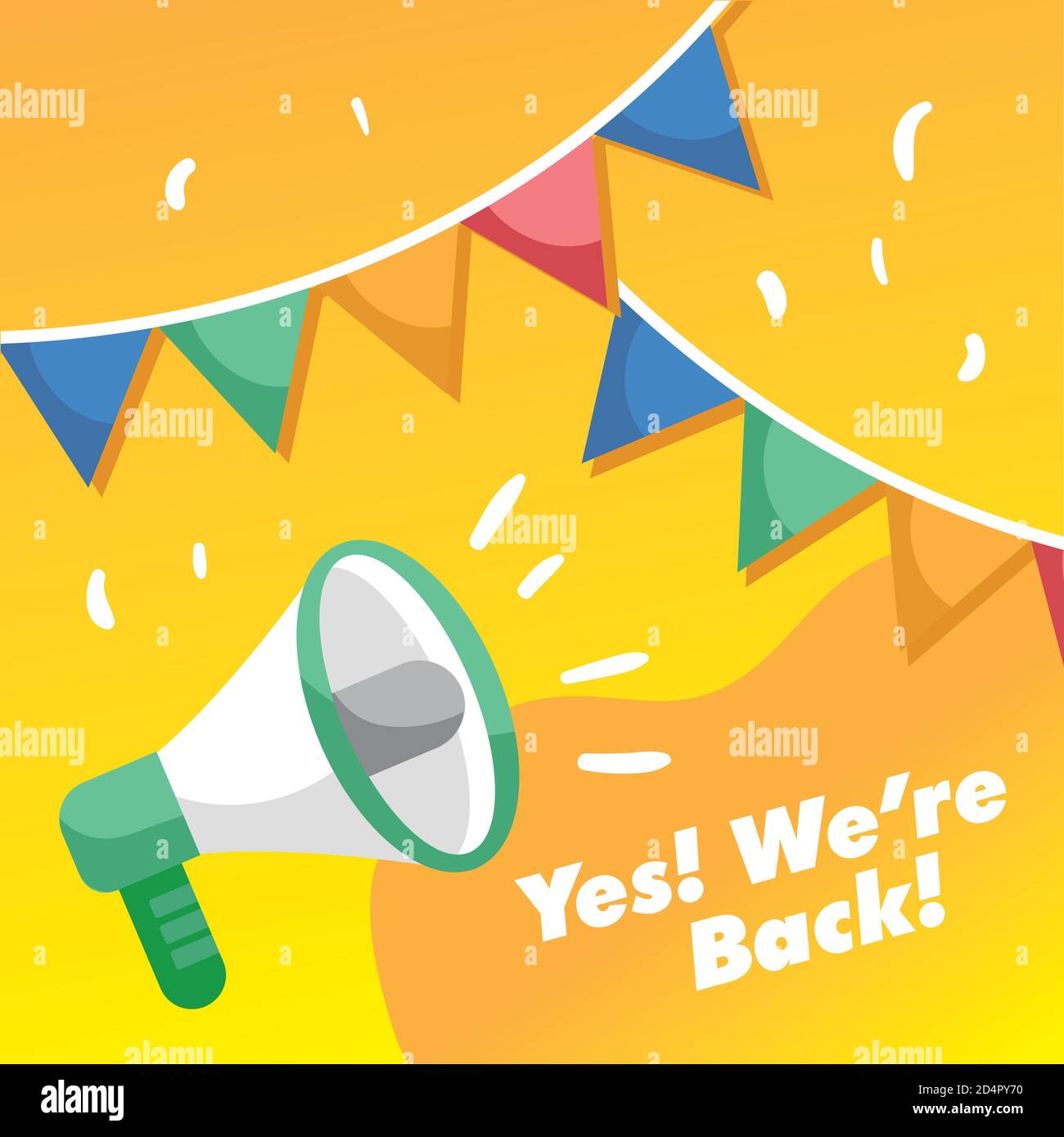 we are back re opening lettering with megaphone and garlands vector ...