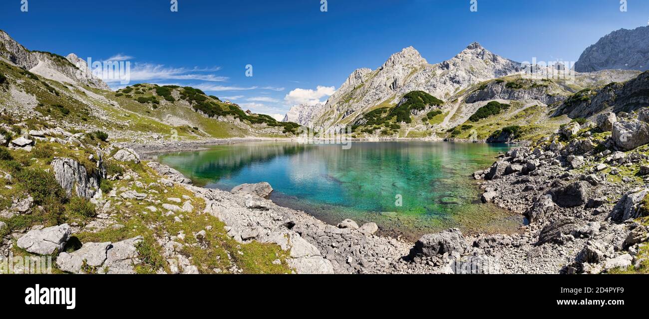 Panorama view of lakes Drachensee Seebensee and coburger hut and ...