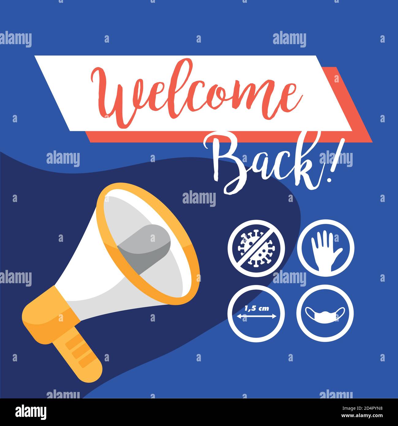 welcome back re opening poster with megaphone and prevention signals ...