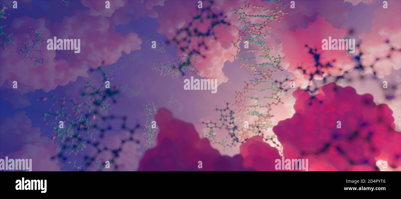 The world inside of a human cell. Strings of DNA, nucleotides (forming ...